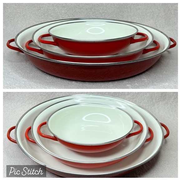 Kitchen | Vintage Enamel Pan Set Of 3redwhitefarmhousecottagecoremid ...